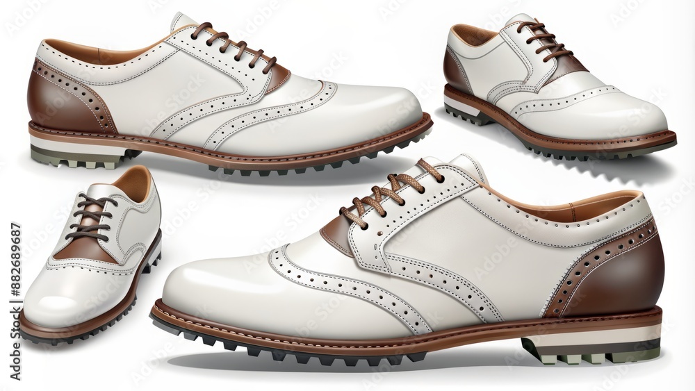 Detailed illustration of golf shoes from multiple angles including top ...