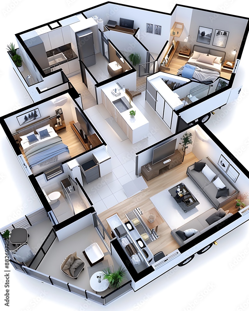 Modern tiny house floor plan semi close-up, showing detailed layout of ...
