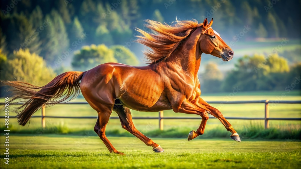 Majestic chestnut horse with gleaming coat and flowing mane gallops ...
