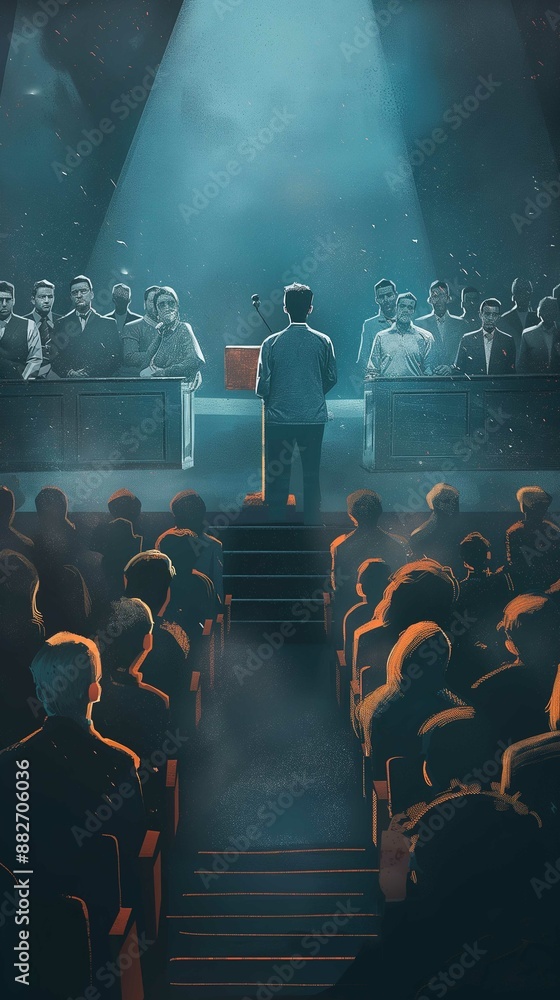In this stylized, dramatic artwork, a man stands behind a podium on a ...