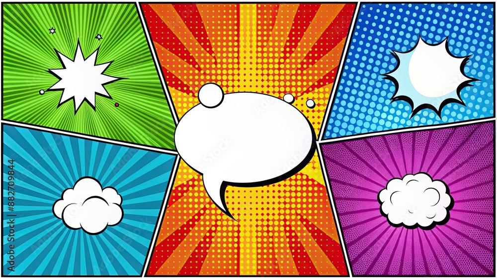 Colorful retro comic strip background with vibrant s of action scenes ...