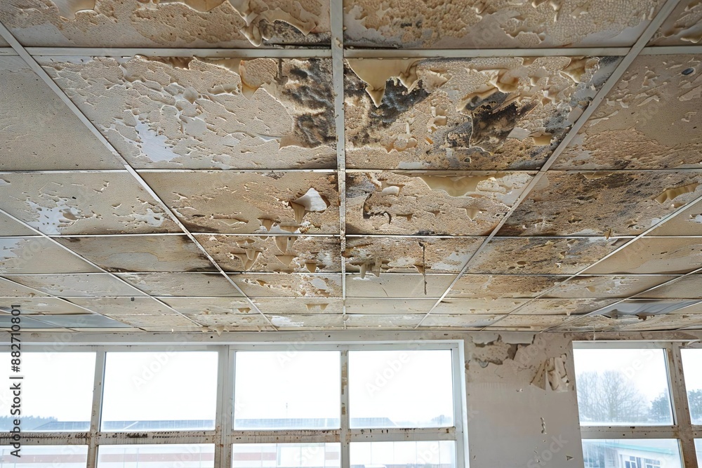 Abandoned office ceiling with water damage and mold growth ...