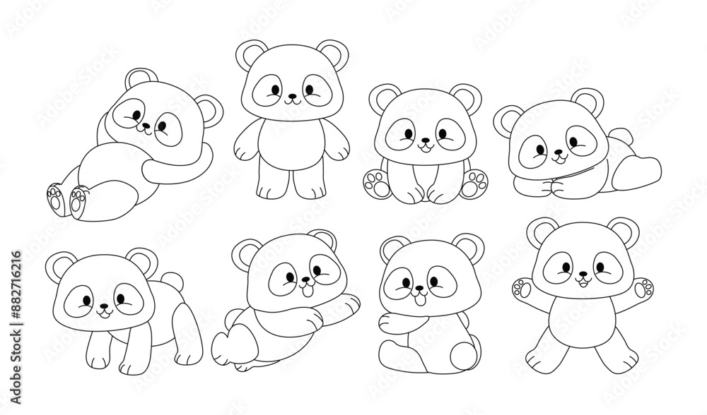 Set of panda doodle collection, panda outline coloring page or book ...
