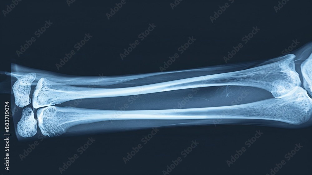 High-resolution X-ray of a broken femur bone with clear fracture lines ...