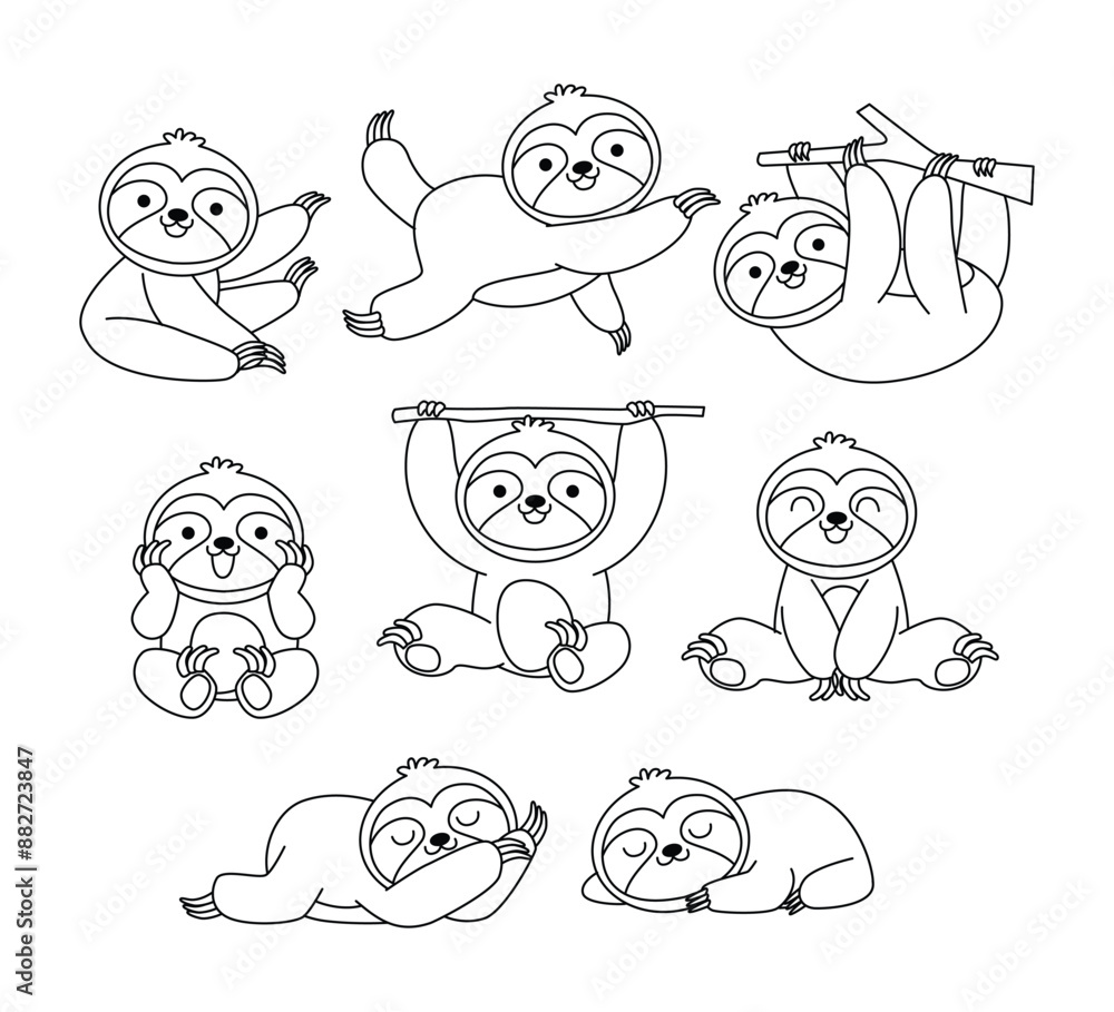 Set of sloth doodle collection, sloth outline coloring page or book ...