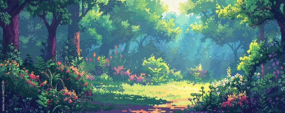 A pixel art depiction of a lush forest, with pixelated trees, plants ...