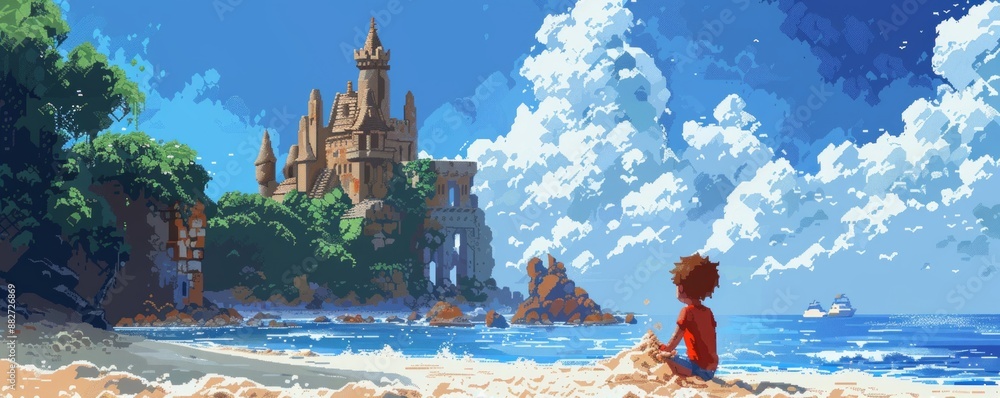 A pixel art depiction of a pixelated child building a pixelated ...