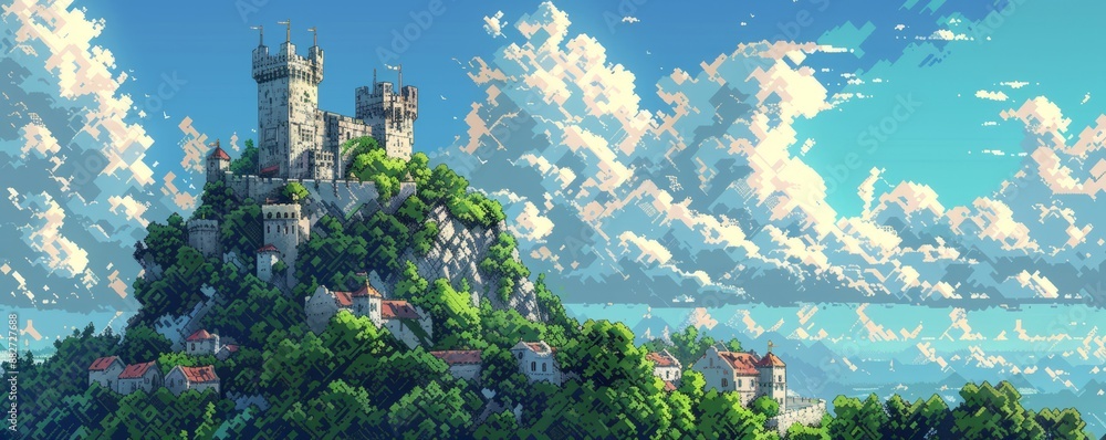 A pixel art rendition of a pixelated castle perched atop a pixelated ...