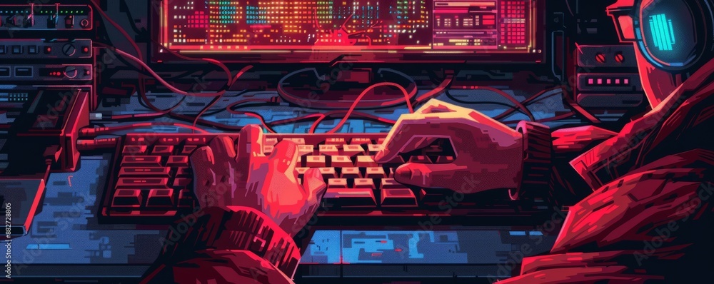 A pixel art illustration of a hacker typing on a computer, their ...