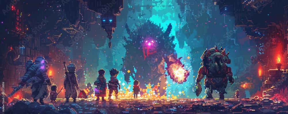 A pixel art rendition of a group of pixelated adventurers exploring a ...