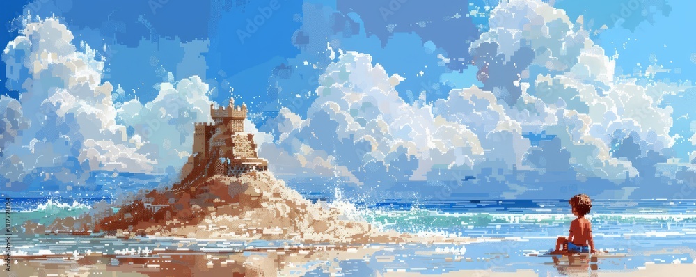 A pixel art depiction of a pixelated child building a pixelated ...