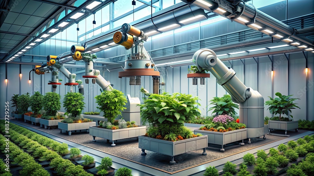 Mechanical garden with robotic plants and moving parts, mechanical, garden, robotic, artificial ...