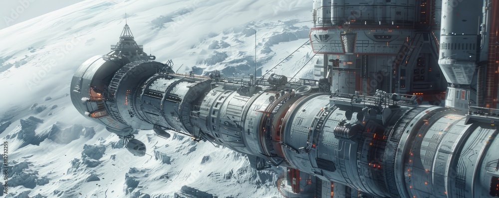 A photorealistic depiction of a sleek spaceship docking with a ...