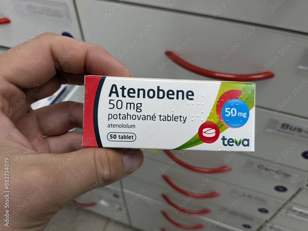 Prague, Czech Republic - July 10 2024: ATENOBENE box of medication with ...