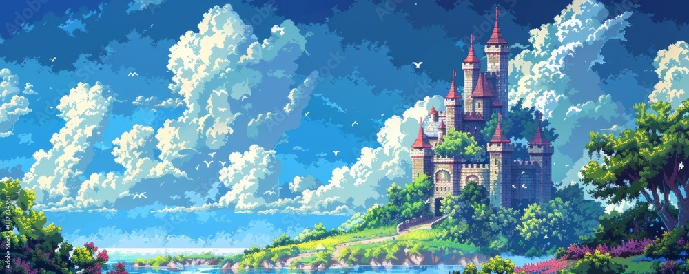 A pixel art rendition of a pixelated castle perched atop a pixelated ...