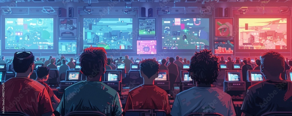 A pixel art rendition of a pixelated video game competition, with ...
