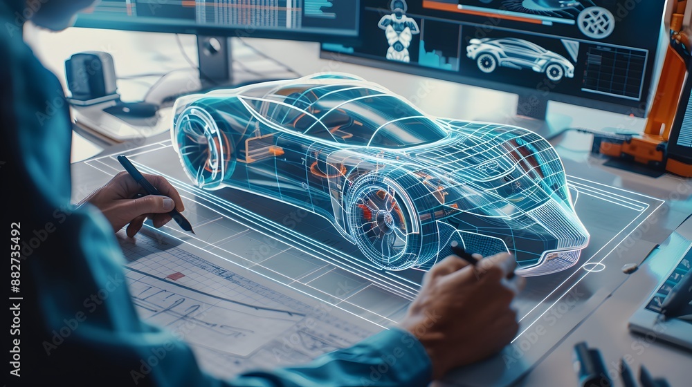 High-angle view of a digital composition showcasing an engineer engaged ...