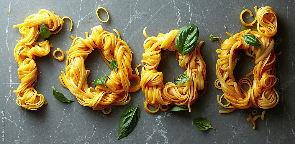 The word "food" creatively spelled out using spaghetti noodles ...