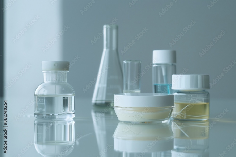 A scientific setup featuring a retinol container, hyaluronic acid ...