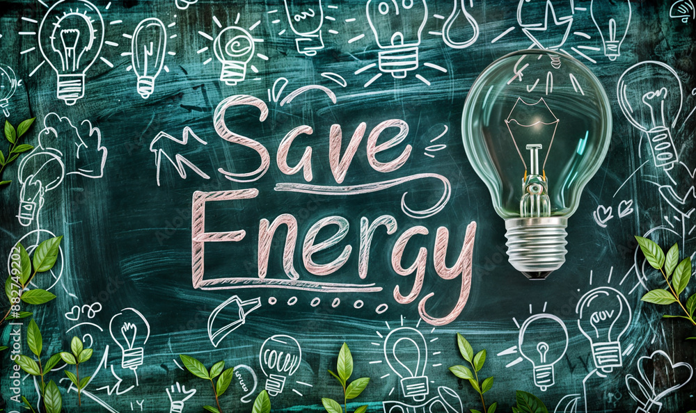 save energy wallpaper with chalk doodles on blackboard, global warming ...