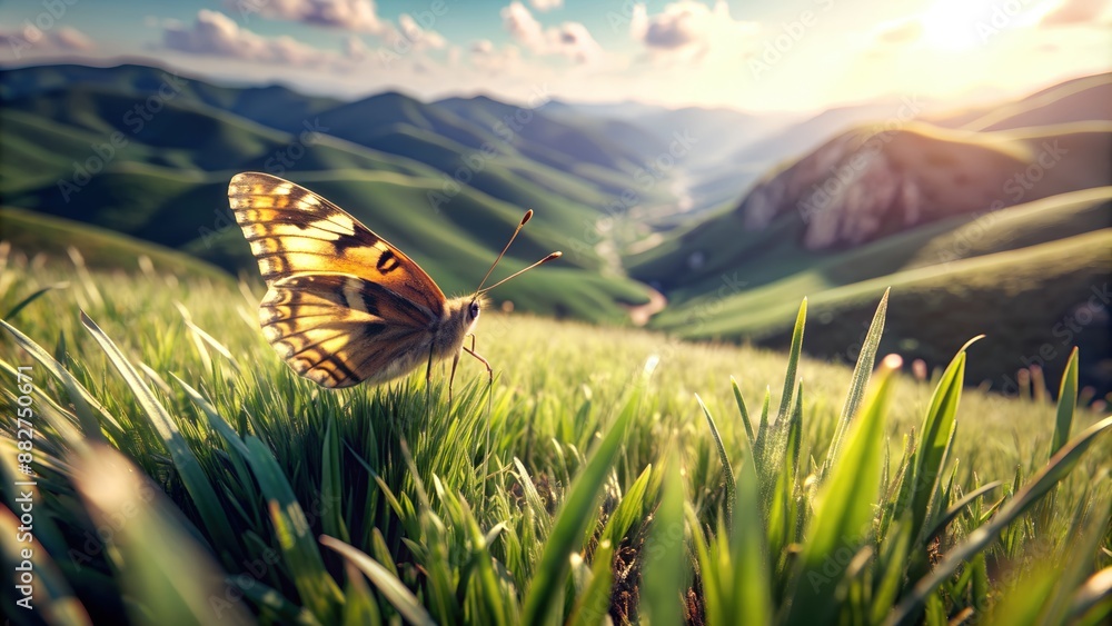 Green Grass Breath taking Landscape Background with a single butterfly ...