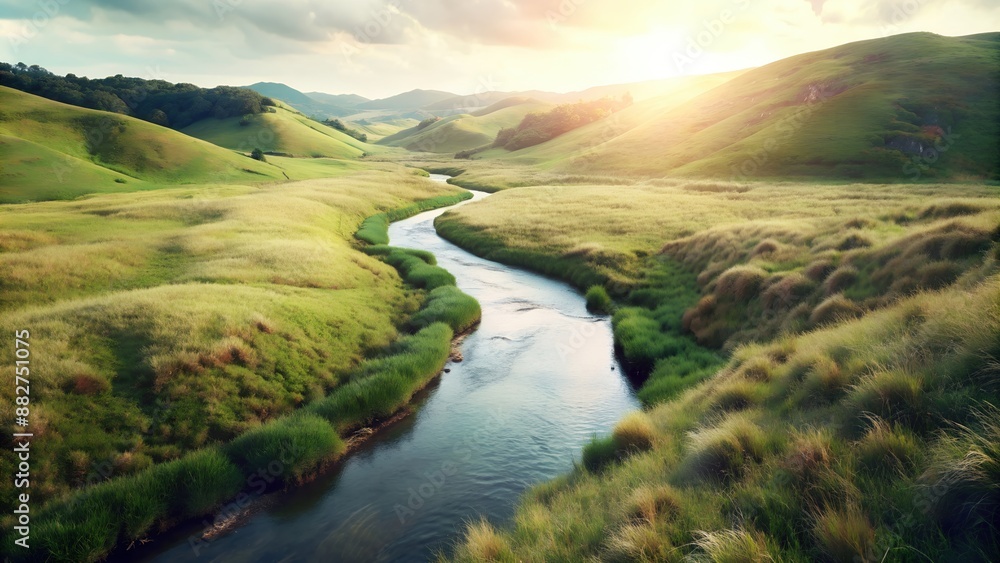 Green Grass Breath taking Stream Landscape Background Featuring Pasture ...