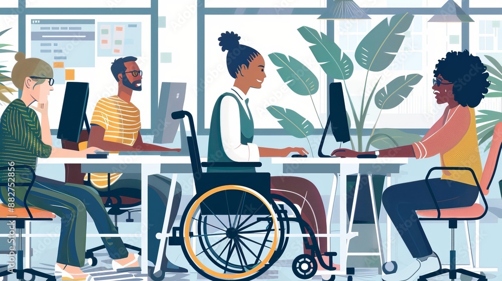 A disabled woman codes on a computer in the data center next to a ...