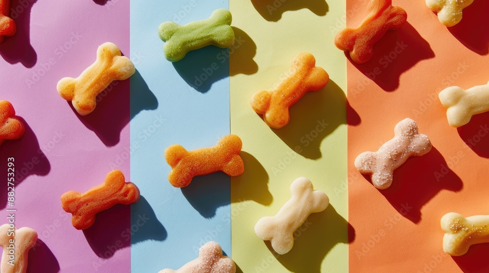 Dog bone shaped treats on colorful background for pet food advertising ...