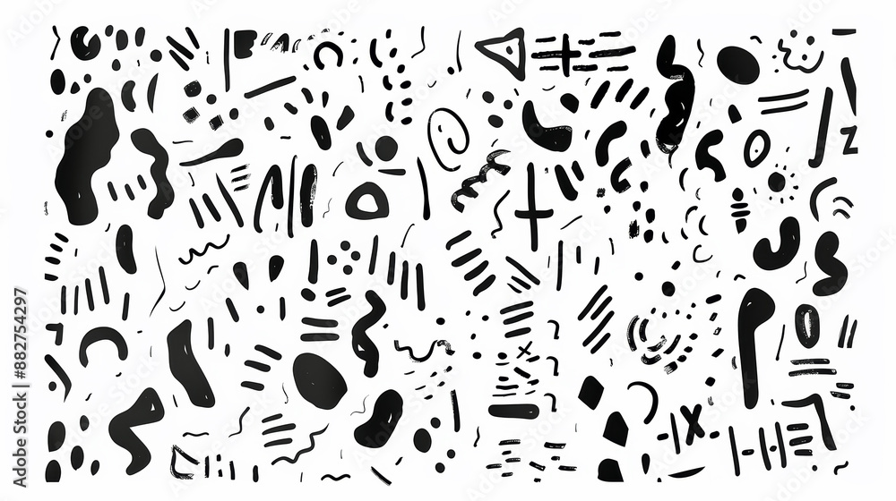 Different doodles shapes pattern separated in cartoon linocut style ...