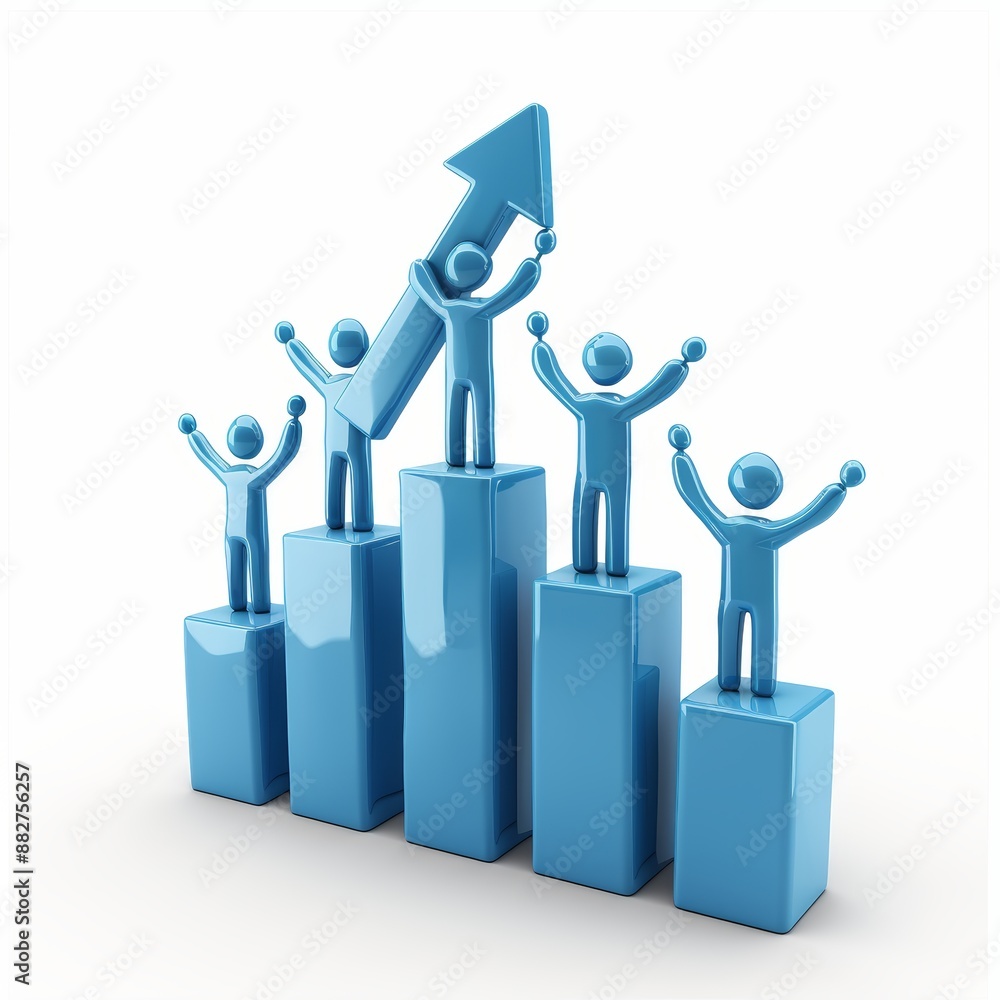 A 3D icon depicting a team of people lifting a large arrow upward ...