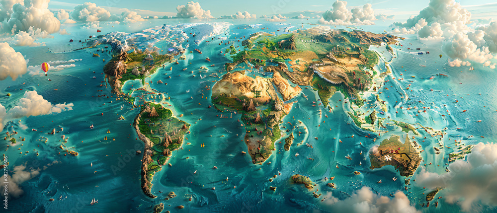 Vibrant, detailed world map with lush landscapes, mountains, rivers ...