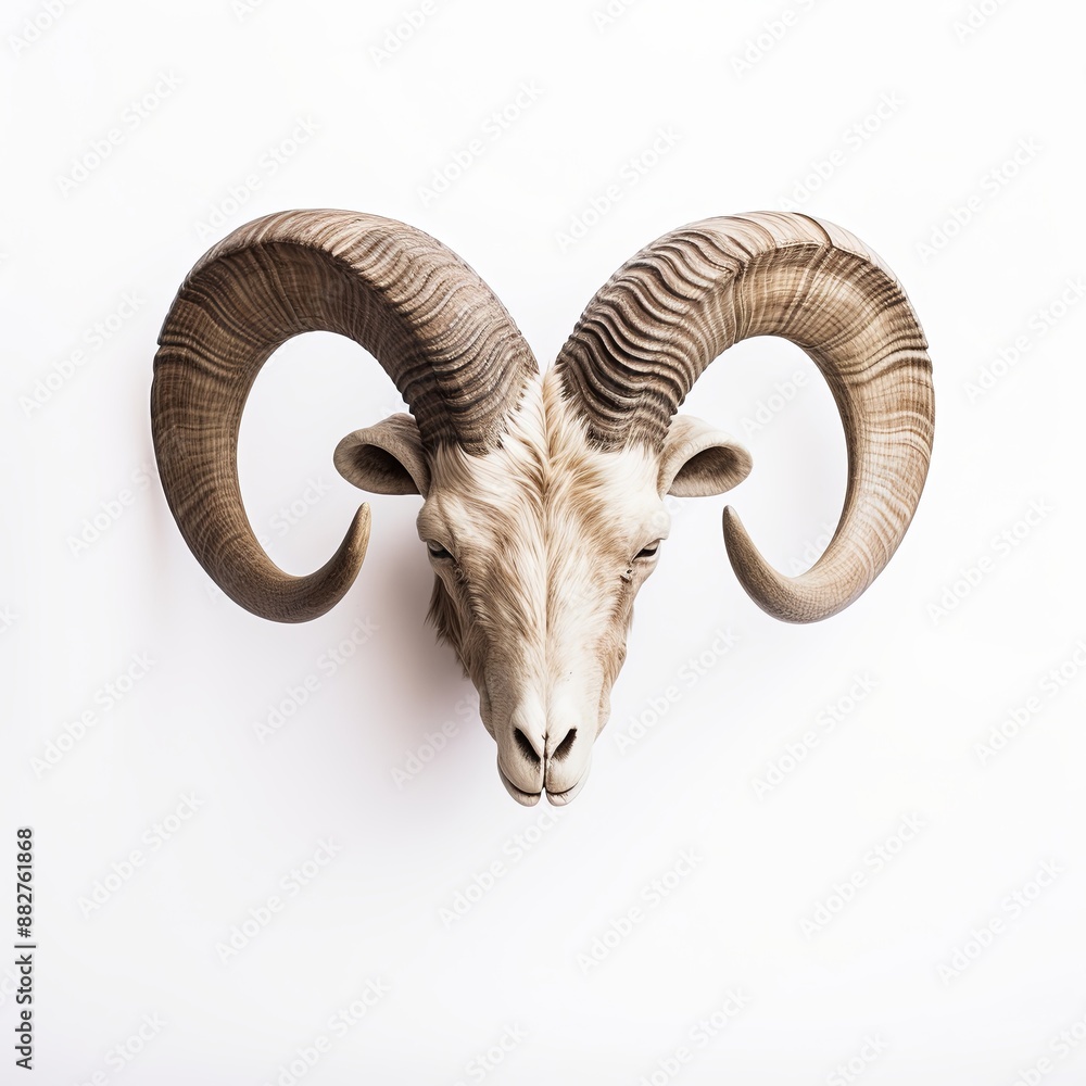 The rams head is facing the camera with its mouth closed and its eyes ...