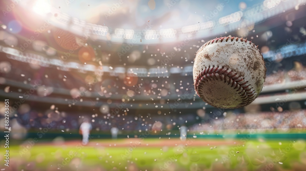 Baseball stadium action. Close-up of a baseball flying through the air ...