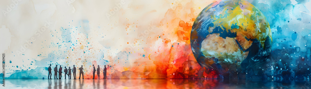 Watercolor Earth and Climate Change Charts Concept: People Analyzing ...