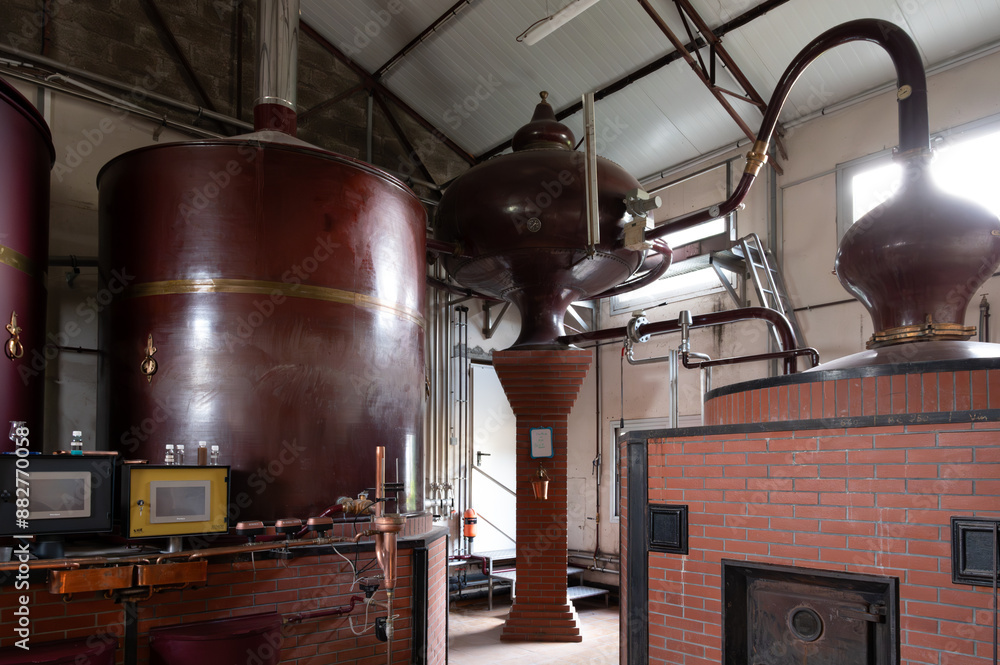 Double distillation process of cognac spirit in Charentias copper ...