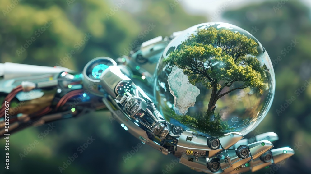 Globe and tree in robot hand with Environment icon. Green technology ...