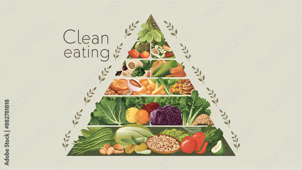 Clean eating food pyramid illustration featuring diverse vegetables ...