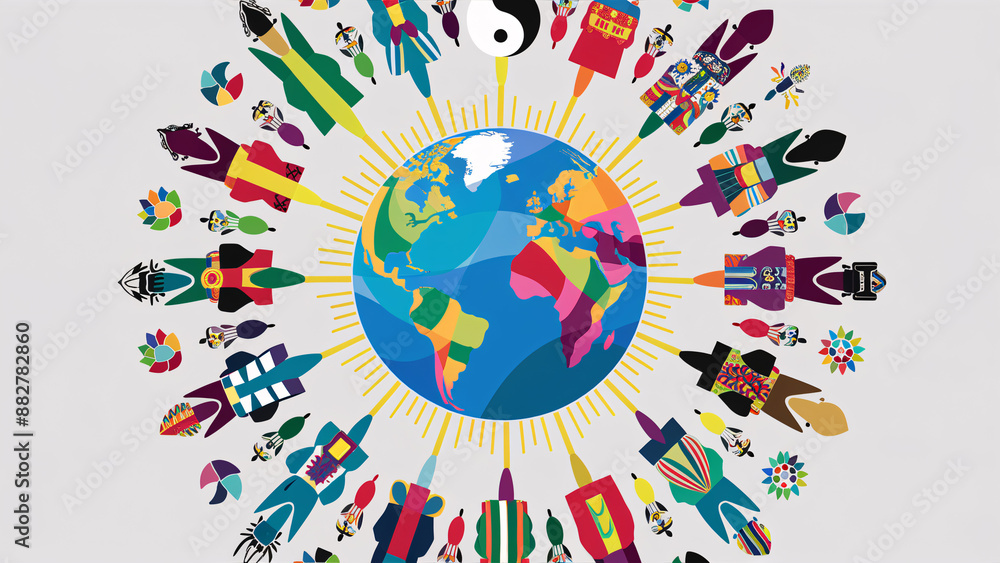 Colorful illustration of people in traditional cultural clothing ...
