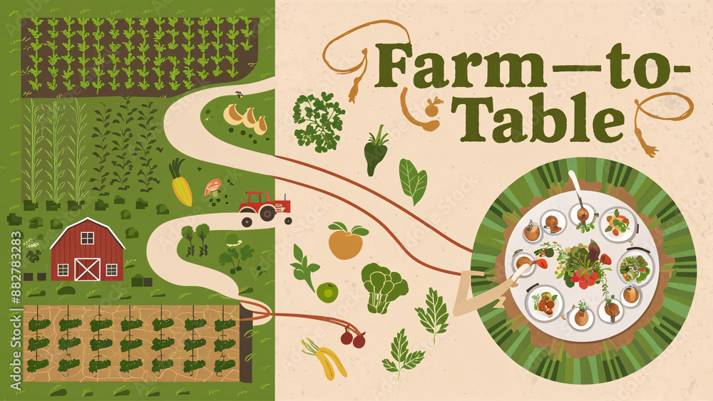 Illustration of a farm-to-table concept with a farm scene transitioning ...