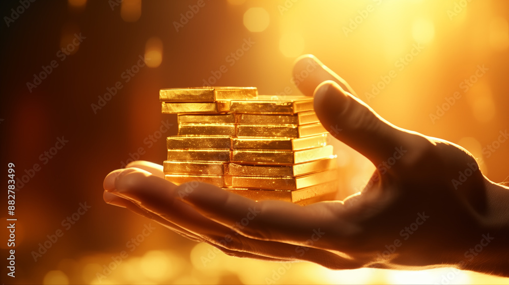 Colse up Hand holding gold bar isolated on black background, gold bar ...