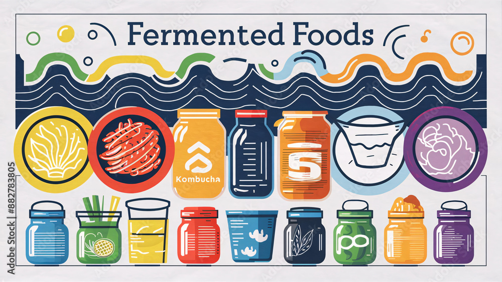 Illustrative infographic featuring a variety of fermented foods such as ...