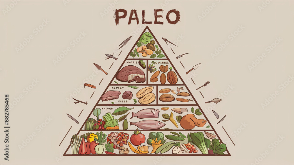 Illustration of a Paleo diet food pyramid displaying meats, fish ...