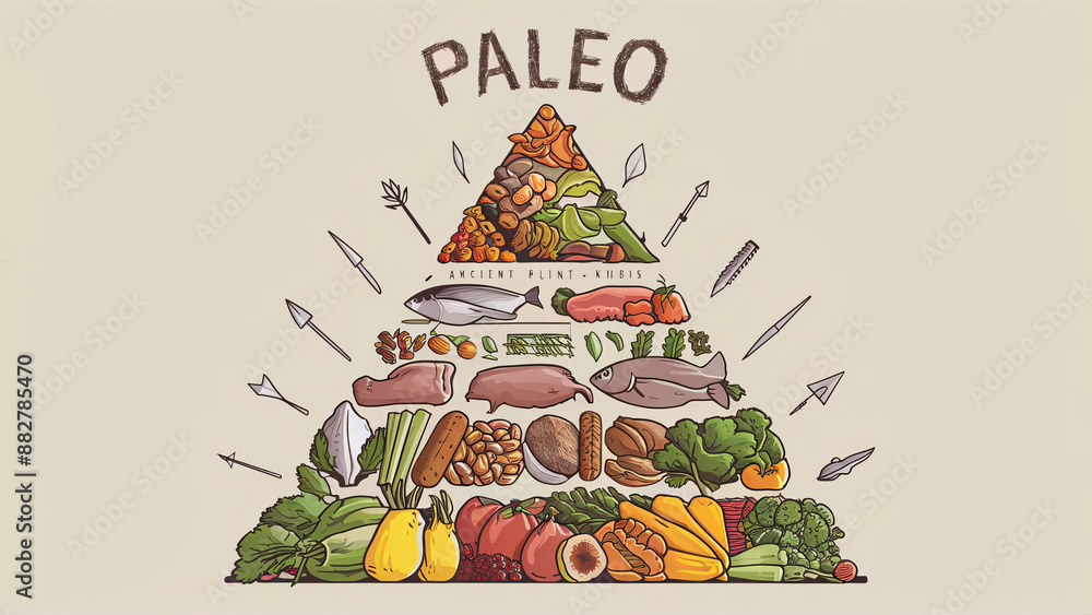 Illustration of a Paleo diet pyramid featuring a variety of meats, fish ...