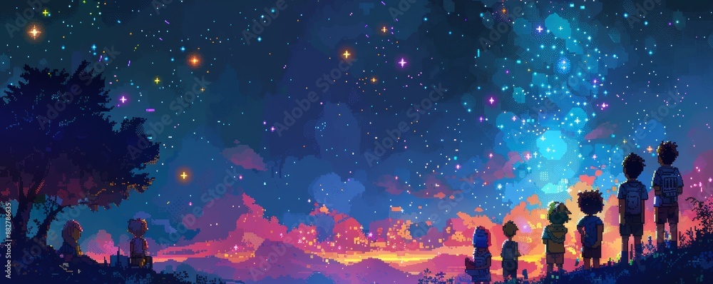 A pixel art depiction of a pixelated group of friends stargazing, their ...