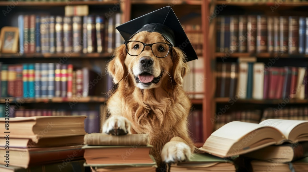Golden retriever graduate with books. A golden retriever dog wearing a ...