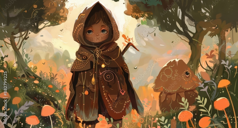 Cute young adventurer in the woods, fairy tale drawing style, hand ...