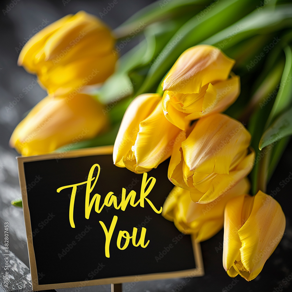 clean and sleek photo of A handwritten note with Thank You with tulips ...