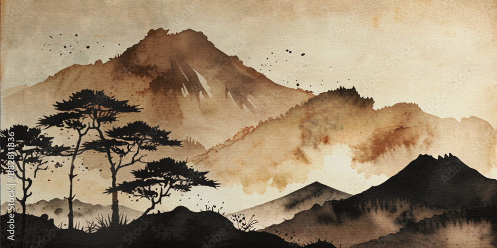 bleeding ink art, landscape , black ink, watercolor grunge old paper ...