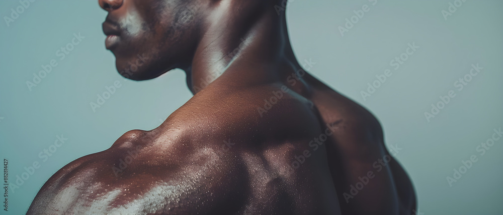 Closeup of a person's defined trapezius muscles, showcasing strength ...