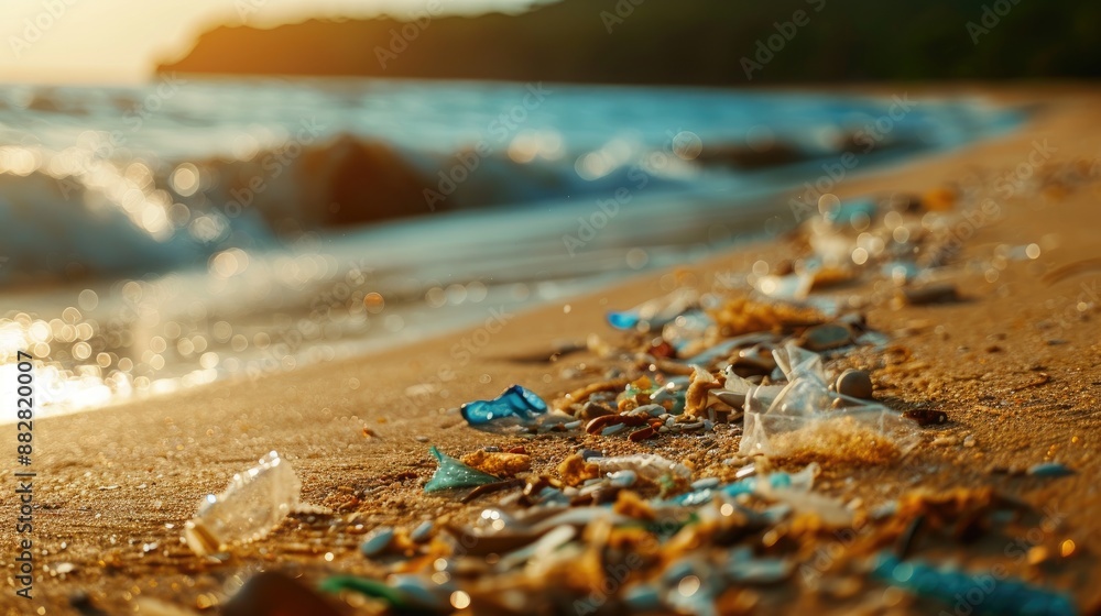 Environmental pollution Sand beaches polluted with pieces of plastic ...